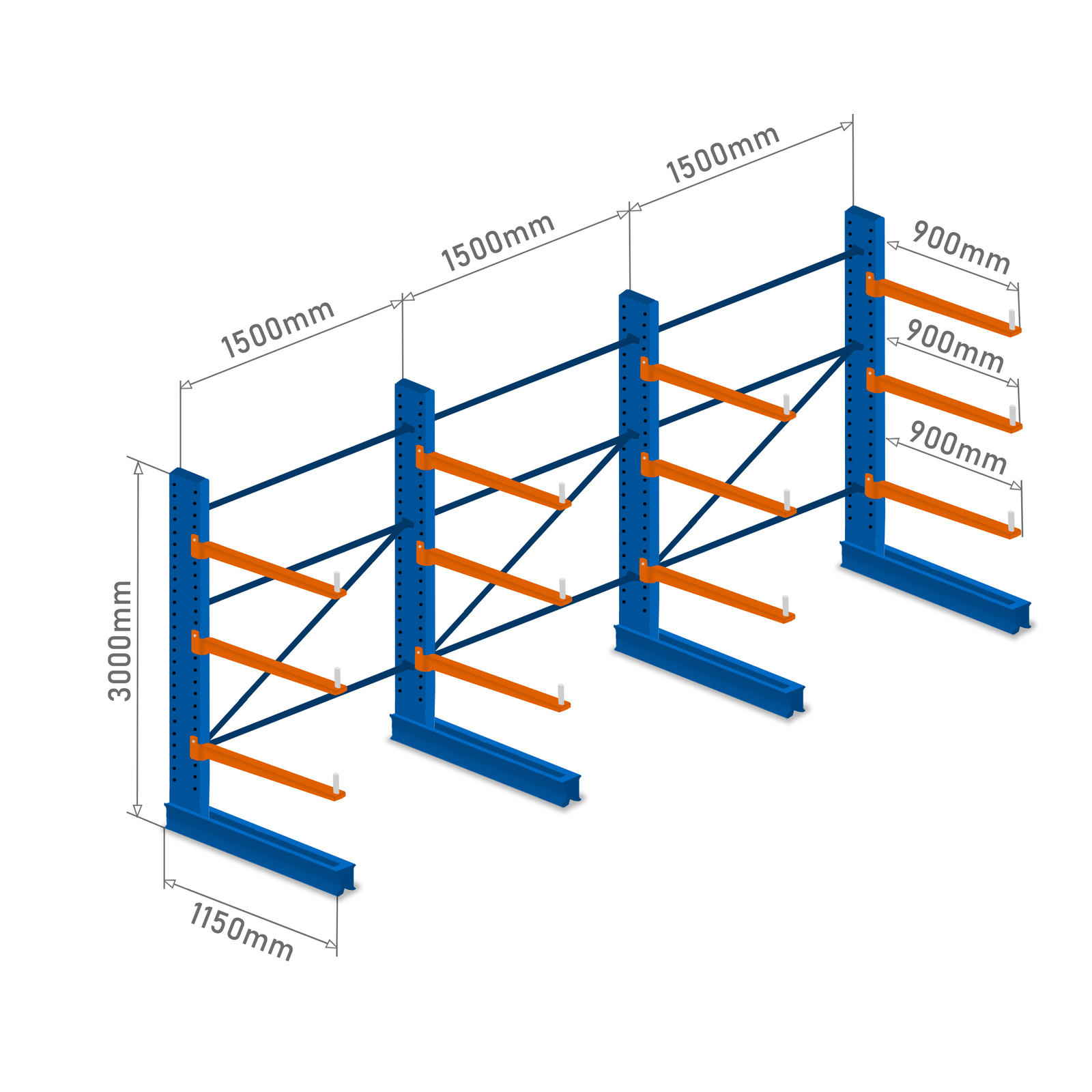 Cantilever Racking - 3 Bays - Single Sided - 3.0m high 4580Kg capacity