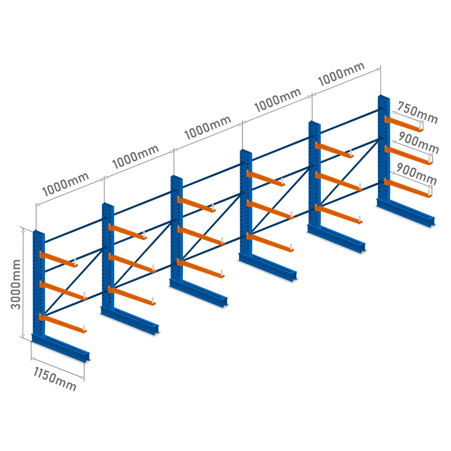 CANTILEVER RACKING - 5 Bays - Single Sided - 3.0m 6,870kg capacity