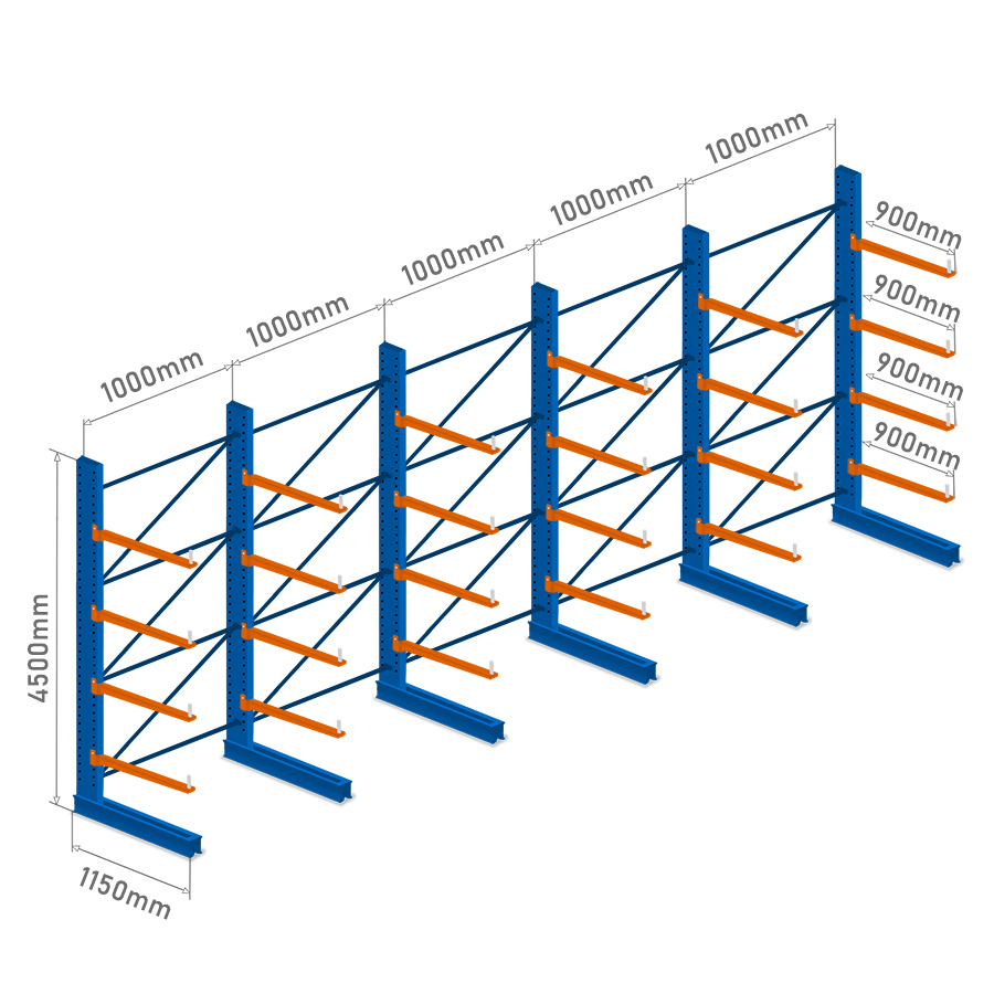 CANTILEVER RACKING - 5 Bays - Single Sided - 4.5m 7,920kg capacity